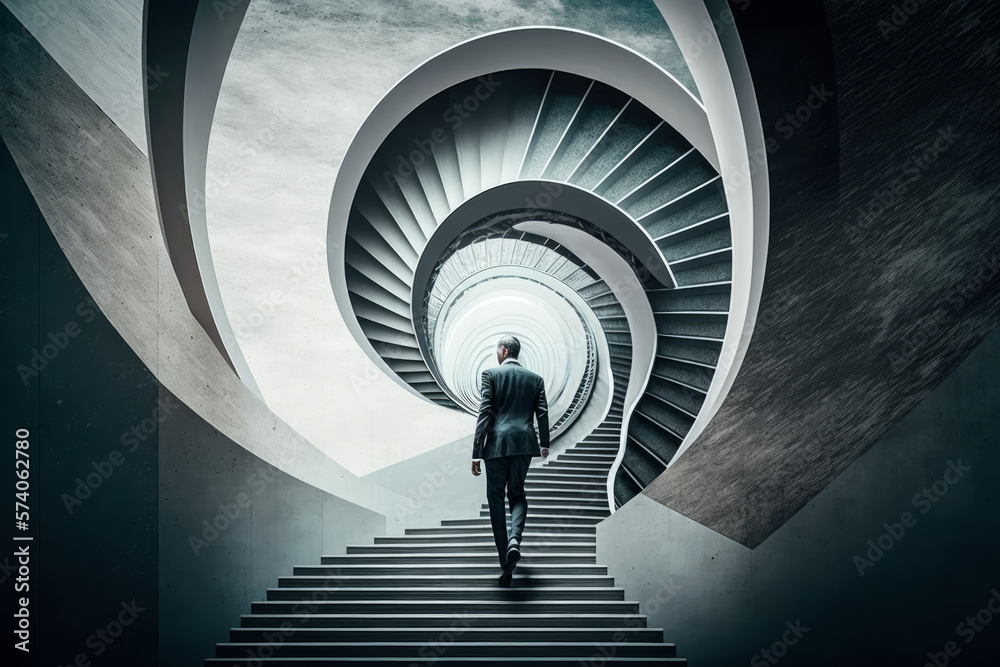 Business man walking up abstract spiral shaped stairs that loop in ...