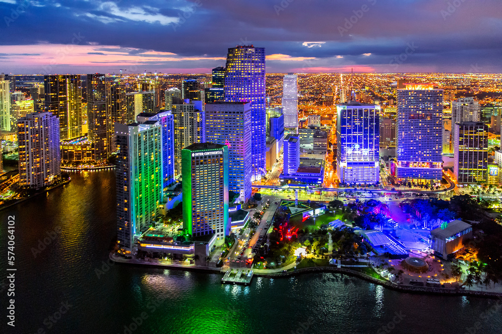 Miami Downtown and Bayside celebrating Ultra Music festival,Neon lights ...