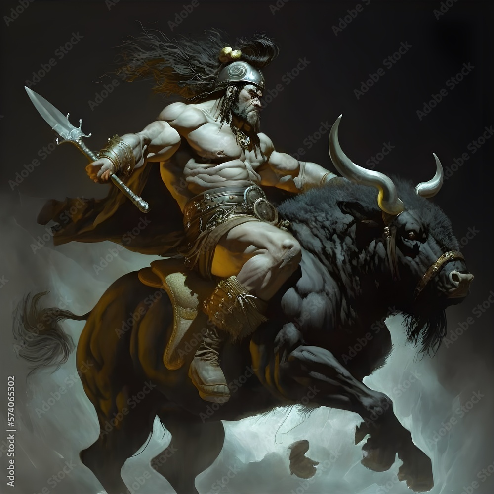 celtic warrior woad paint fur leather riding on a bison dark dramatic ...