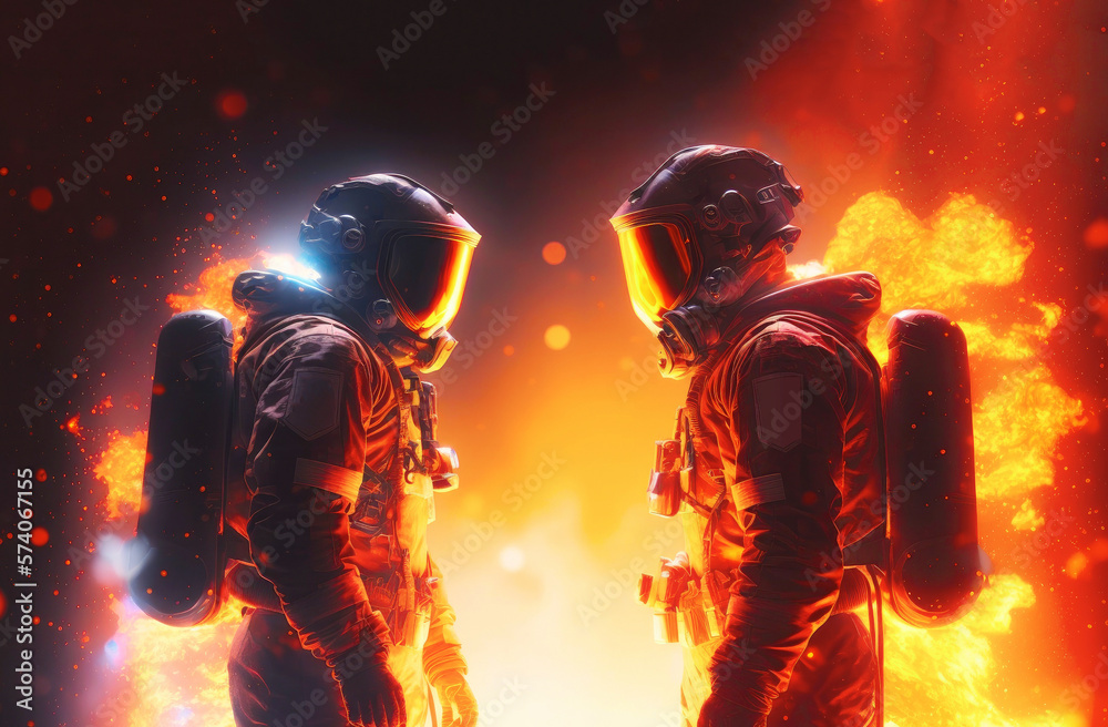 Brave firefighters in high-tech outfit in front of the fire ...