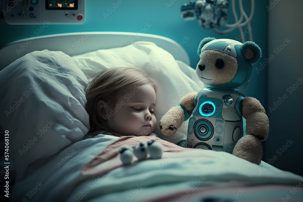 Future of hospital care with robots.Cute kind Robot communicates with a ...