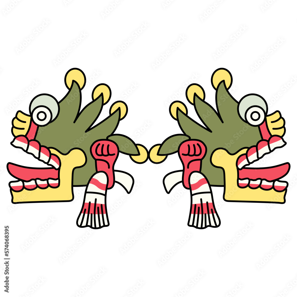 Symmetrical ethnic design with two Aztec skulls with open mouths and ...