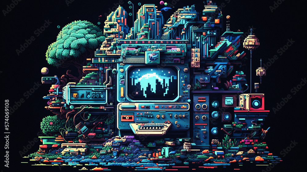 A colourful 16-bit pixel art of retro technological city implementing ...