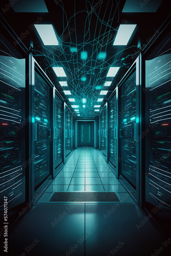 Network and internet communication technology concept, server racks ...