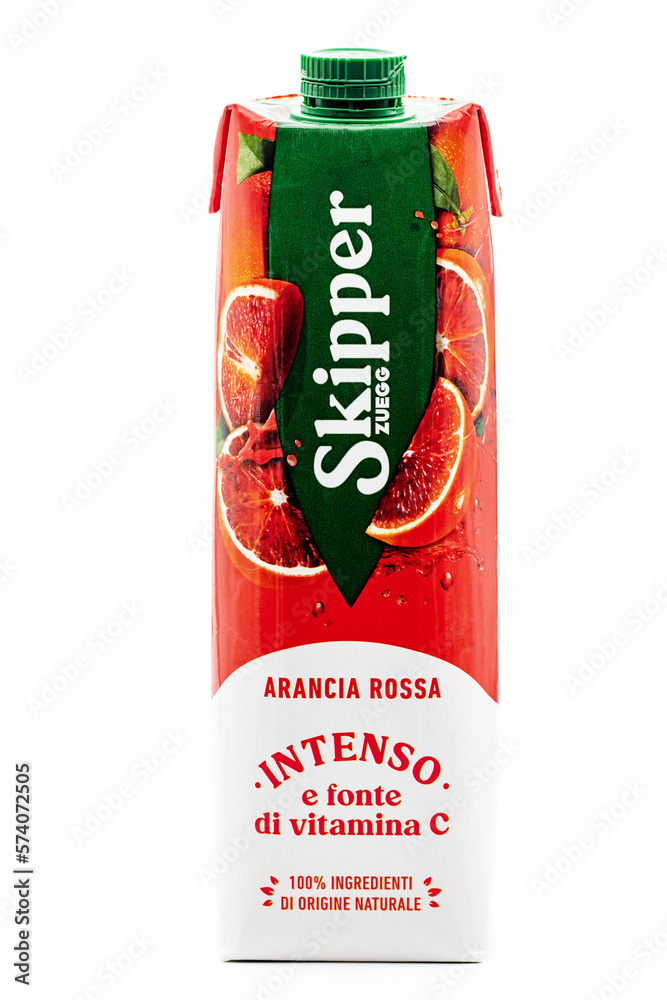 Zuegg Skipper red orange juice,pack on white background Stock Photo ...