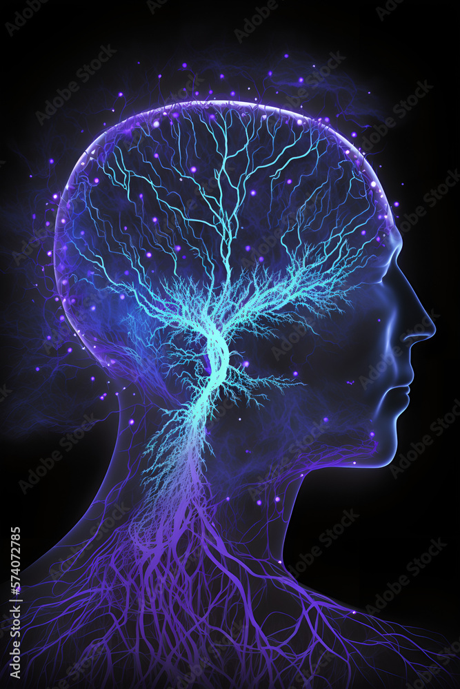 Human head with gleaming neurons in cerebrum. Obscure and reflection ...