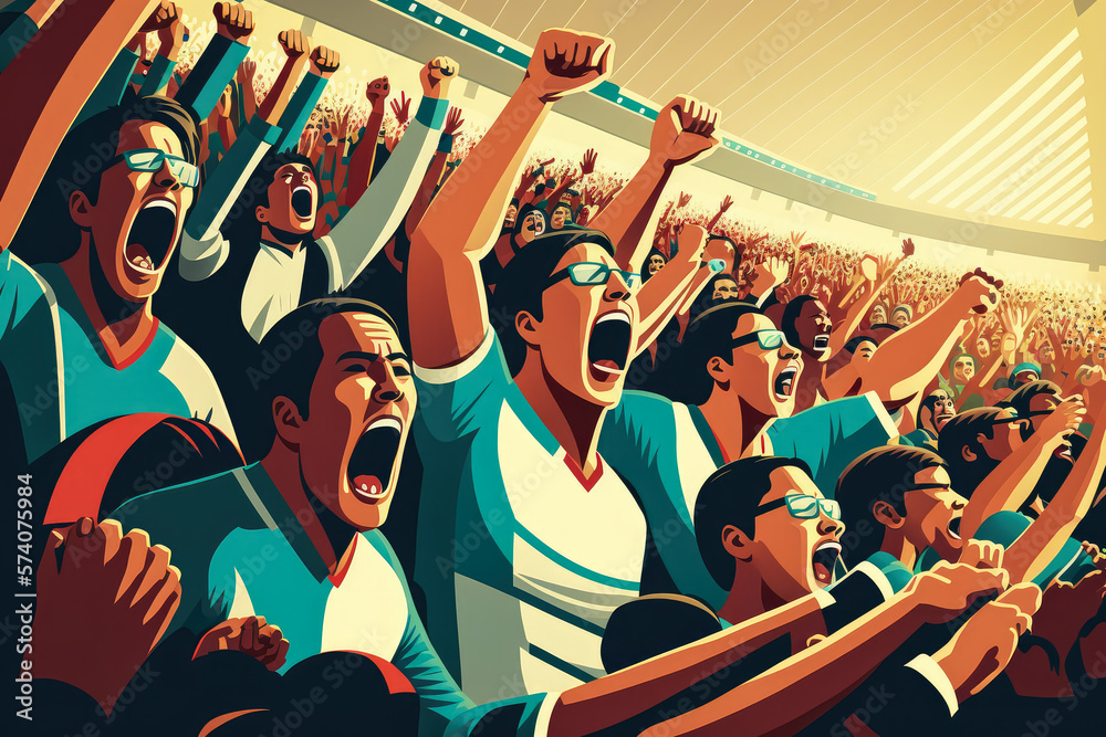 Excited football fans in a packed stadium, jumping up and down in ...