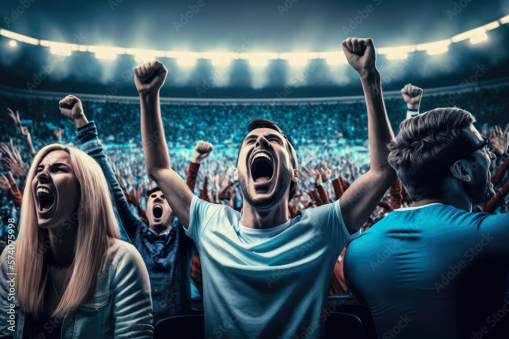 Excited fans in the stands at a modern football stadium, generative ai ...