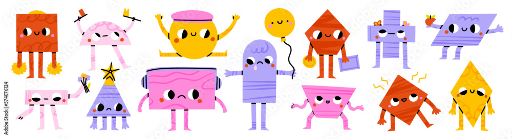 Geometric shape characters. Lets learn basic shapes, educational figure mascots for childrens ...