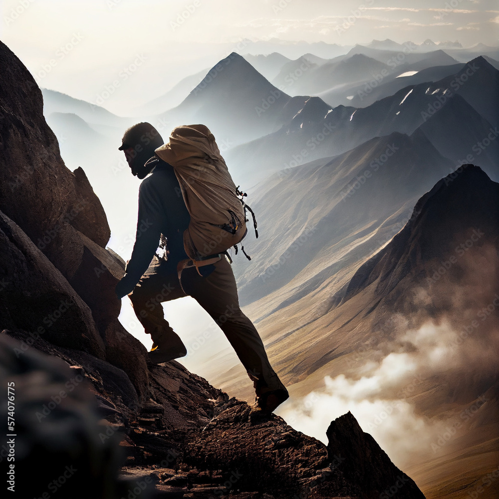 Picture a mountain climber halfway up a steep, rocky peak. They're ...