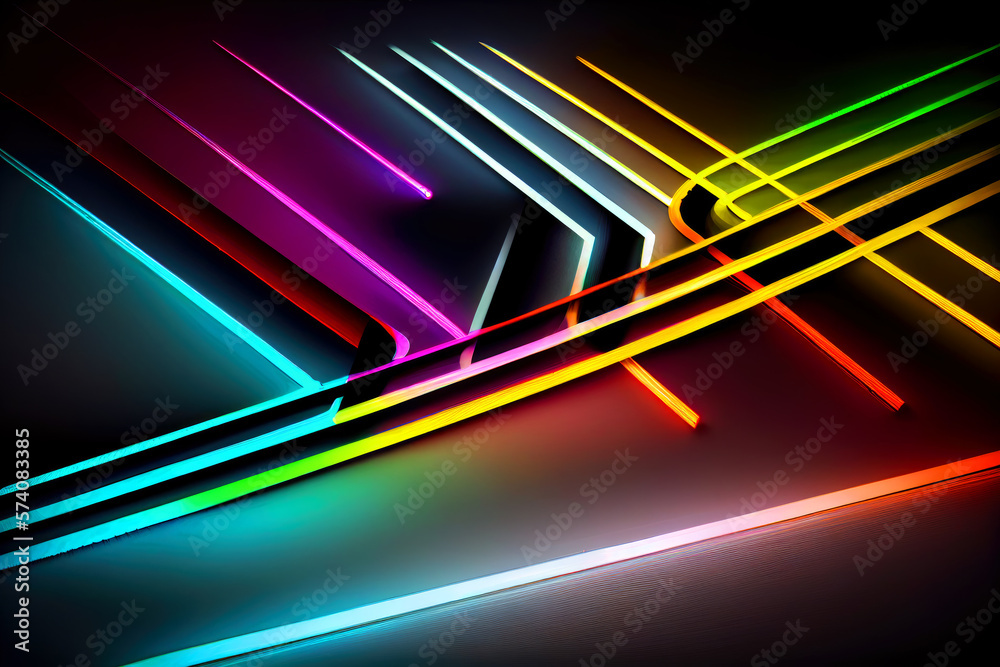 Rays of neon light on a neon wall . An empty stage. Copying space ...