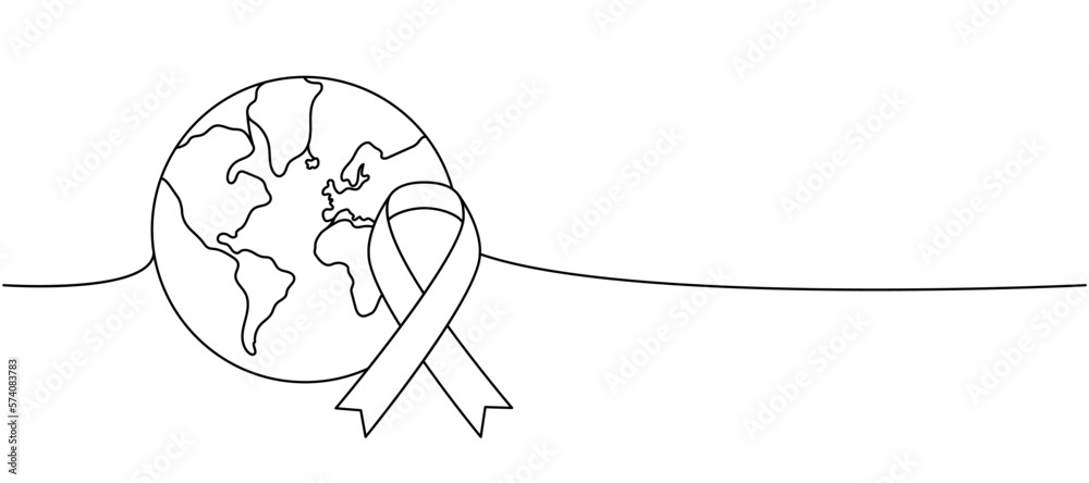 Earth with cancer aid ribbon one line continuous drawing. World map ...