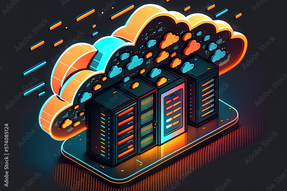 ภาพประกอบสต็อก Cloud computing with computer servers concept in cartoon ...