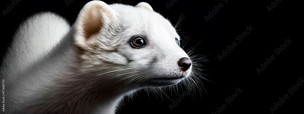 Close up of white Eurasian ermine on black background. Close up of an ...