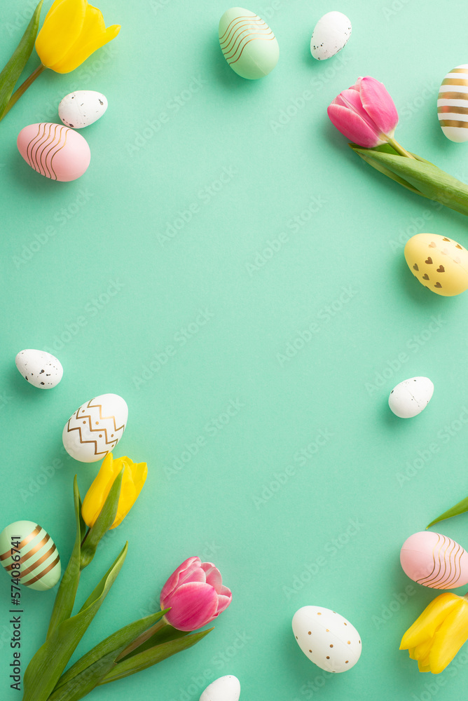 Easter concept. Top view vertical photo of tulips and colorful easter eggs on isolated teal ...