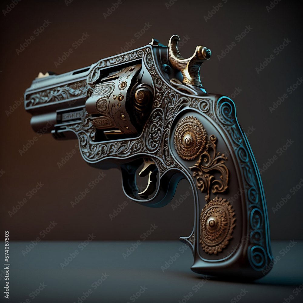 old detailed revolver gun on a wooden table, generative ai, golden ...