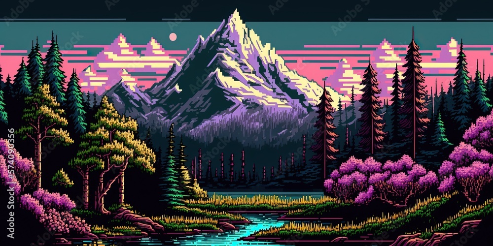 8 bit beautiful mountain landscape, concept of Pixelated and Retro ...
