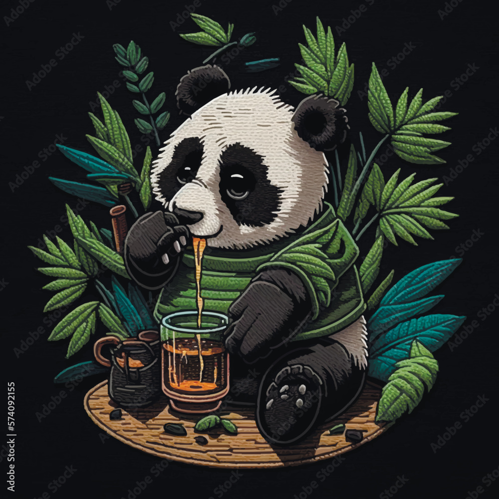 Embroidery smiling happy panda who eats honey with appetite. Colorful ...