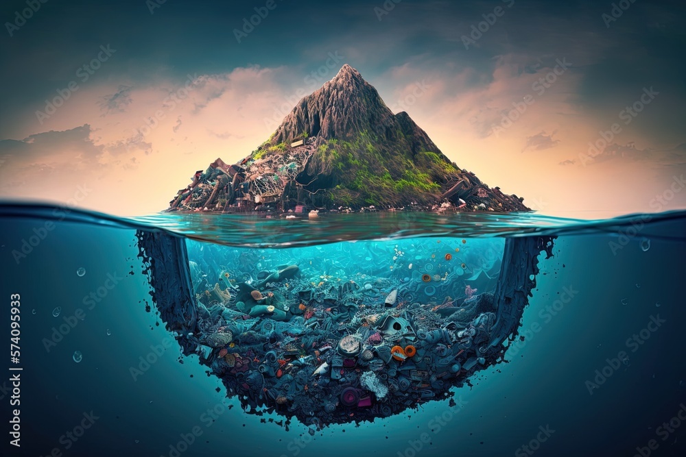 Conceptual image of an island of garbage floating in the ocean ...