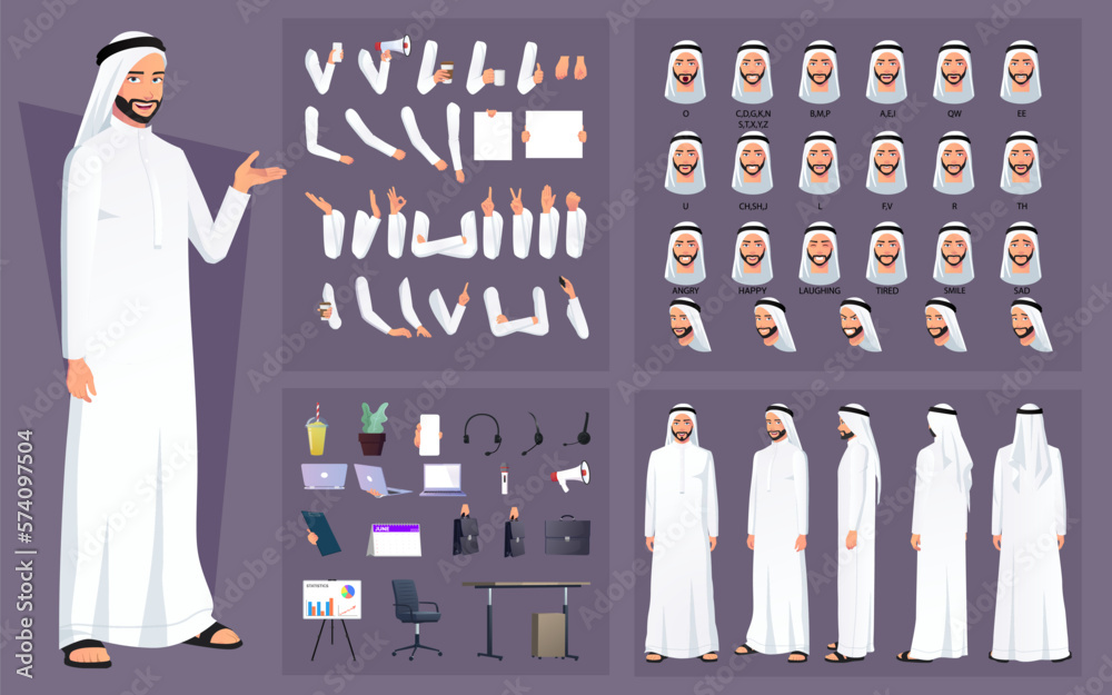 Arab Muslim Man Character Constructor Kit with Various face Poses ...
