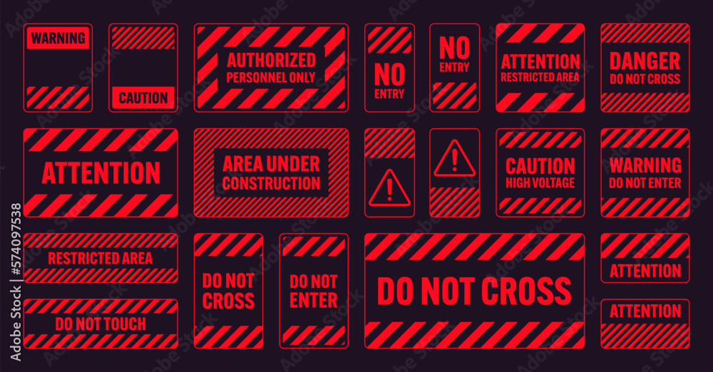 Various red warning signs with diagonal lines. Attention, danger or ...