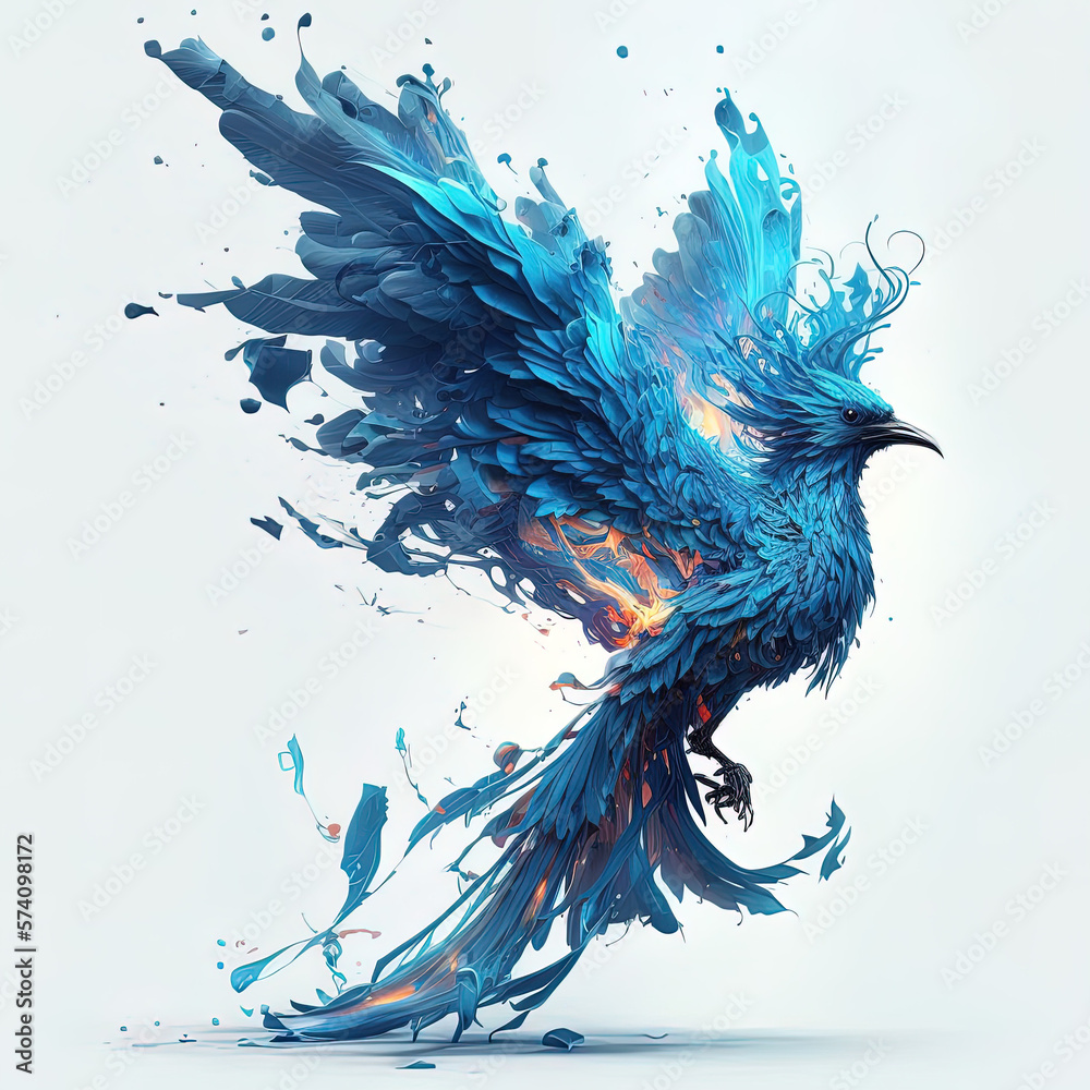 A full body dynamic shot of a light blue Phoenix with blue flames in a ...