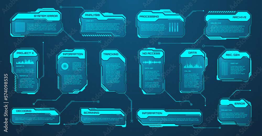 Blue futuristic HUD or UI elements. Sci-fi user interface text boxes ...