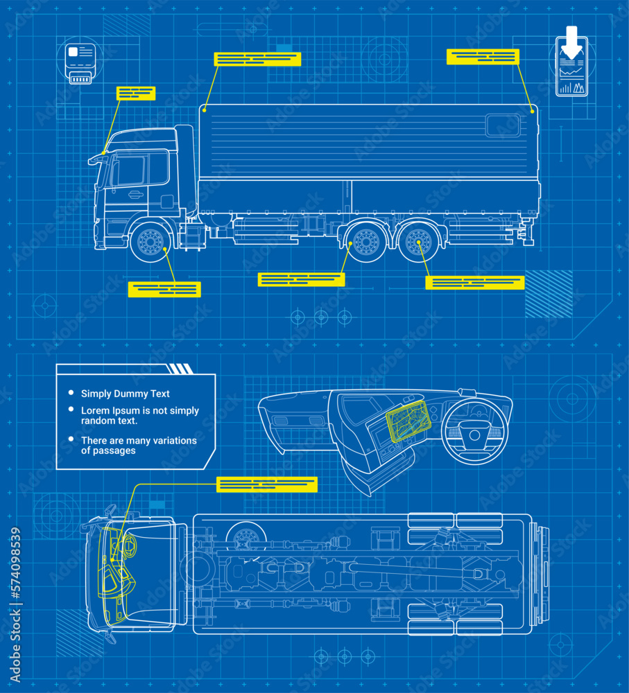 Delivery truck in outline style schematic blueprints Vehicle side top ...