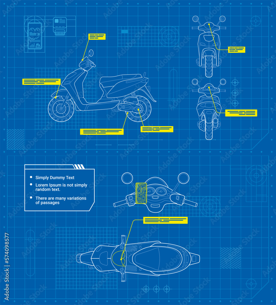 Motorcycle in outline style schematic blueprints Vehicle side front ...