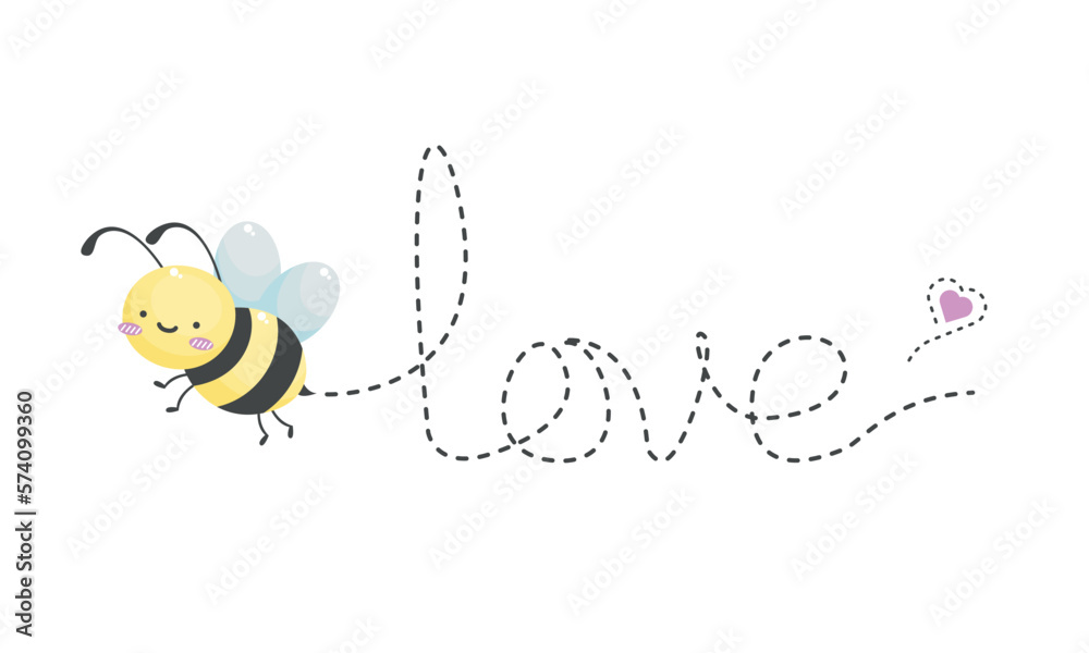 Bee love icon. cute bee love. love shaped dotted yellow bee trail ...