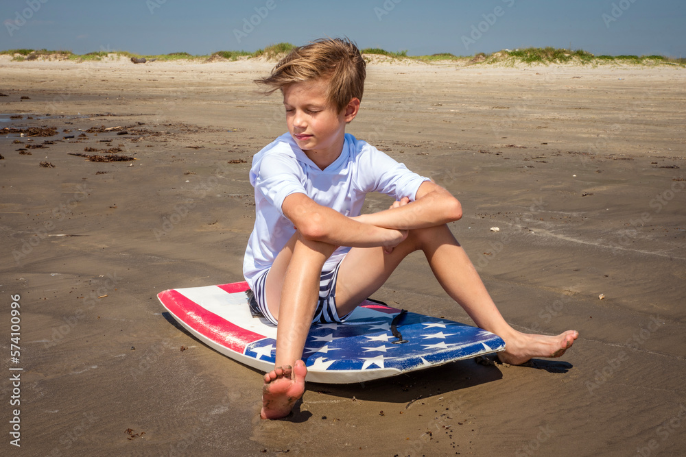 Youth Child Preteen Boy Sitting on Boogie Board on A Sunny Beach Stock ...