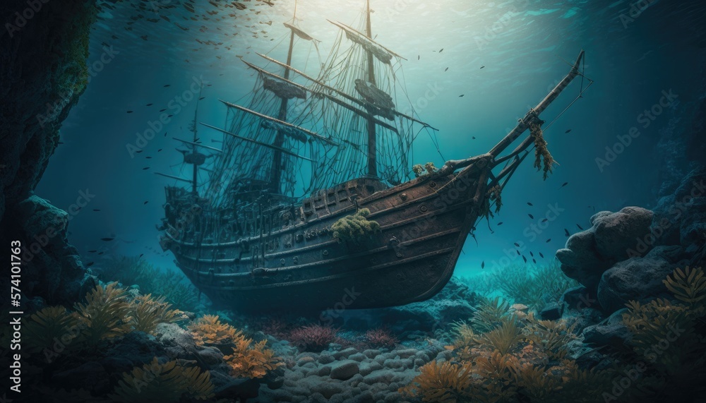 ship wreck in the sea. Pirate boat under the ocean. Decaying remains ...
