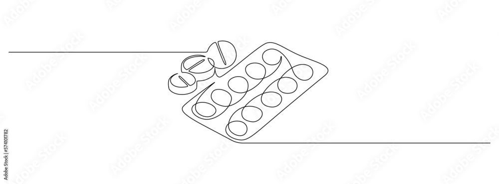 One continuous line drawing of medicine set with pills. Pharmaceutical ...