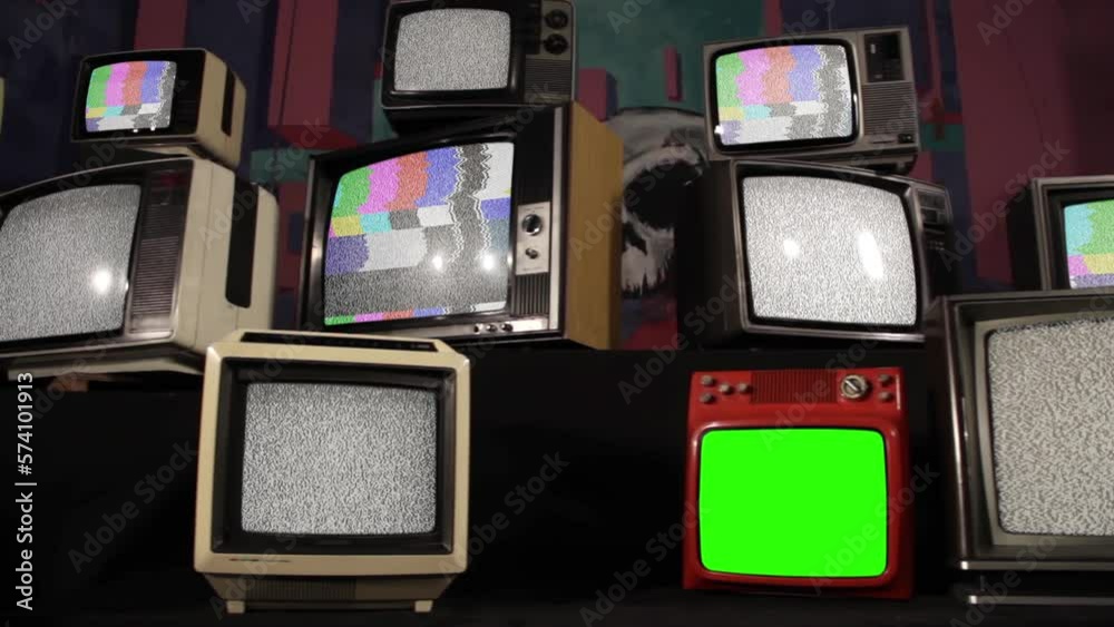 Vintage Televisions with Static Noise and Test Pattern Signal and One ...