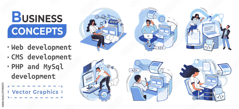 Website architecture concepts metaphor. Web development, PHP and MySQL, CMS, interface design ...