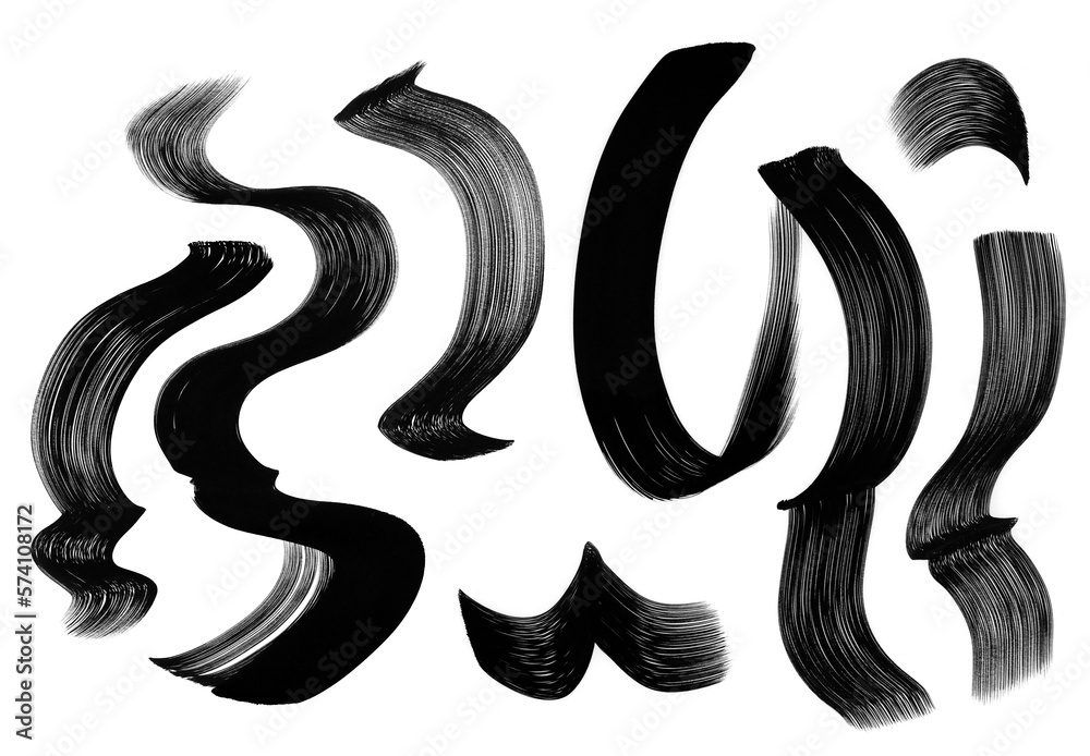 Set of curvy long brush strokes. Bold lines. Hand drawn wavy lines ...