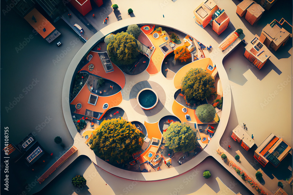 Top down view of a conceptual harmony city, organic shapes, tilt-shift ...