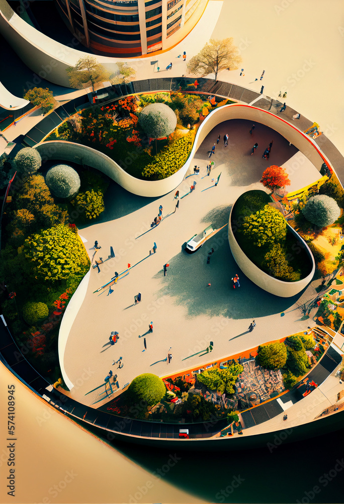 Top down view of a conceptual harmony city, organic shapes, tilt-shift ...