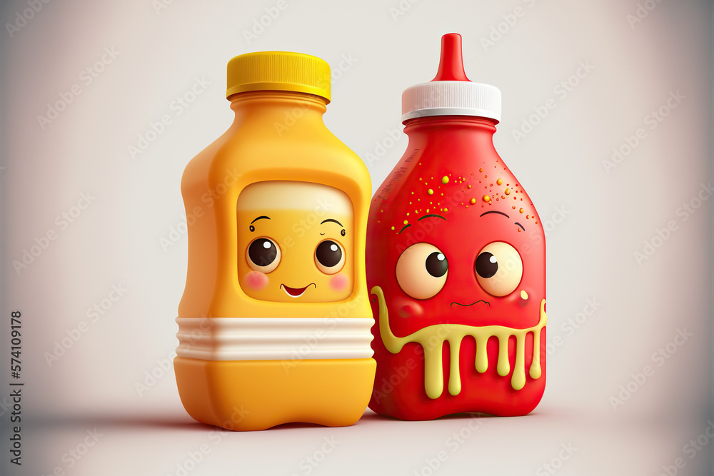 Mustard and ketchup bottles with a smile cartoon character isolated on ...