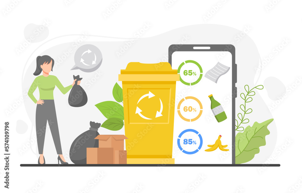 Characters reducing food waste, recycling plastic bottles. Reduce ...