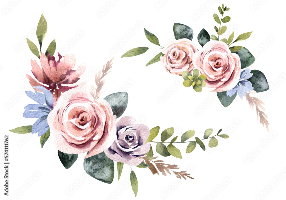 Photo & Art Print Watercolor blush pink roses, Boho wedding flowers set ...