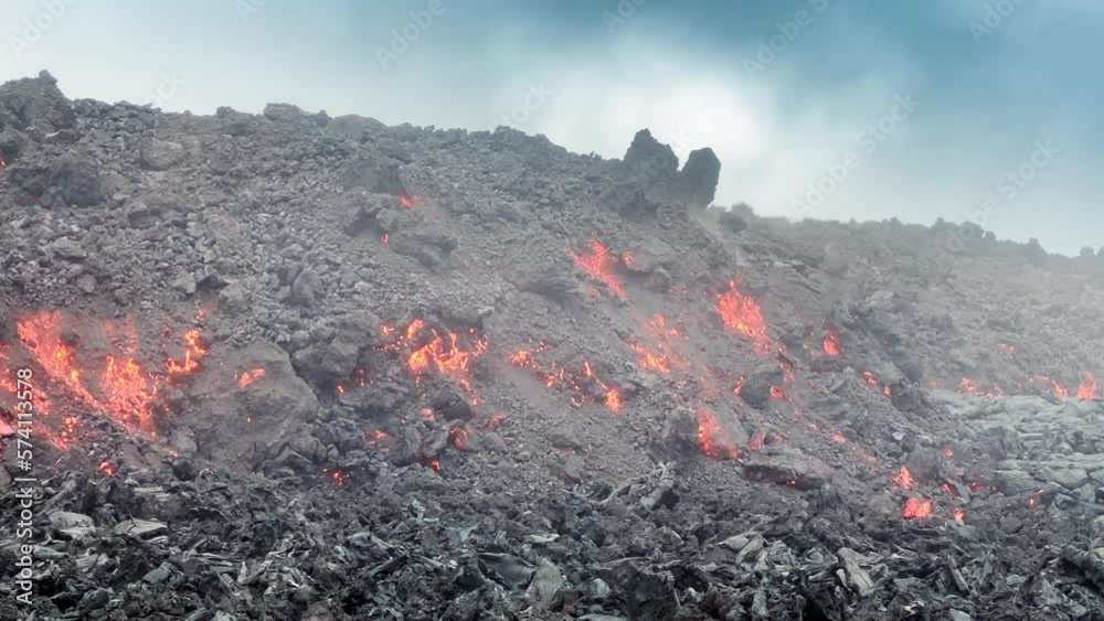 Vídeo do Stock: Steaming black lava rocks. Red hot molten lava flowing ...