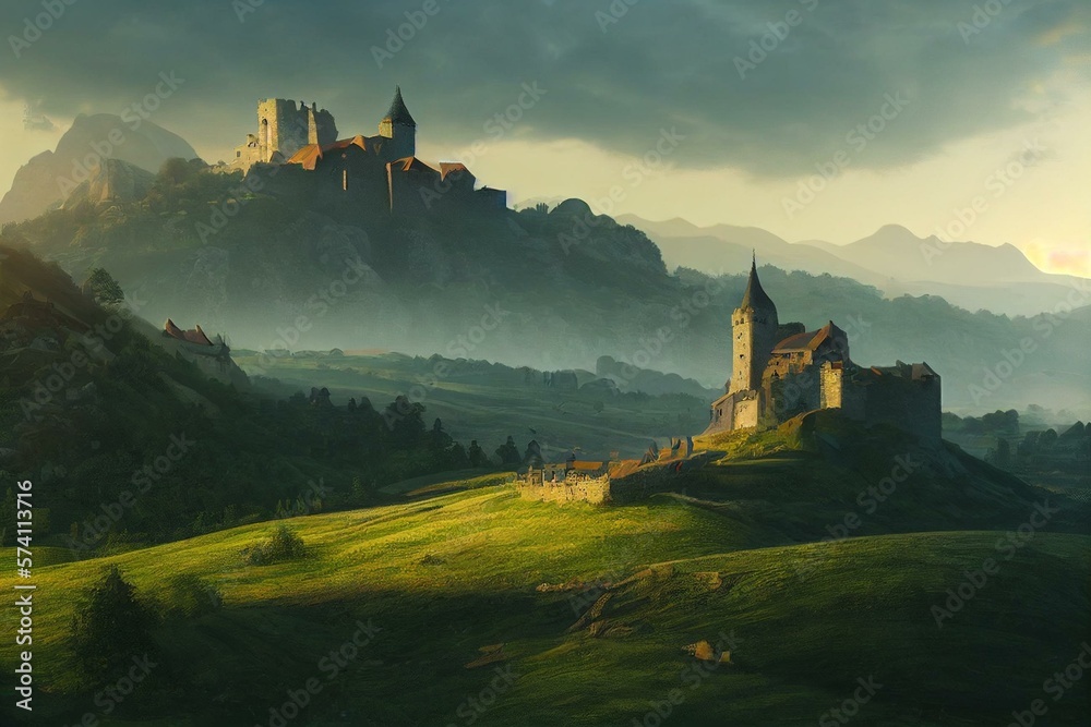 Digital medieval landscape painting stronghold castle among hills and ...
