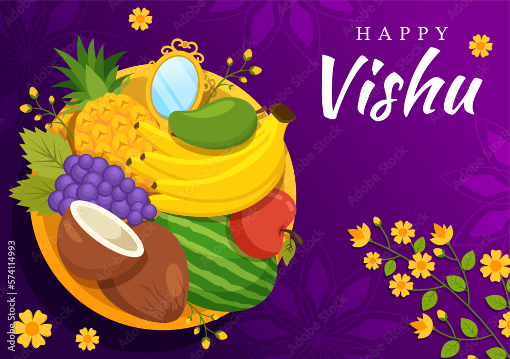 Happy Vishu Festival Illustration with Traditional Kerala Kani, Fruits ...