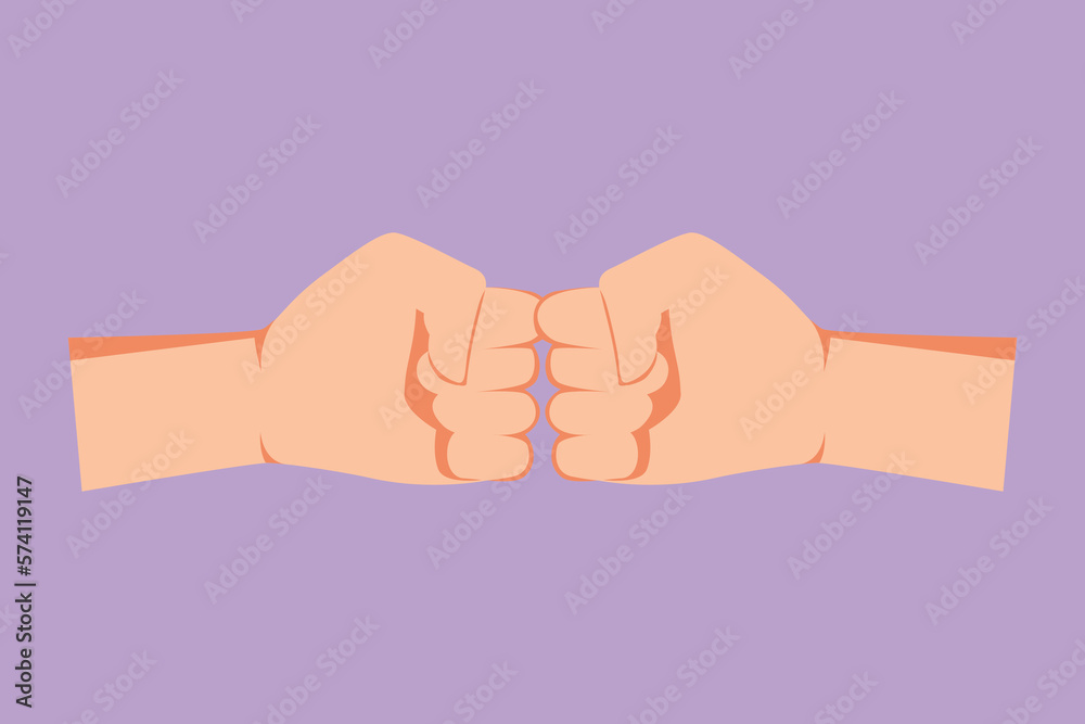 Graphic flat design drawing two hands make fist bump. Sign or symbol of ...