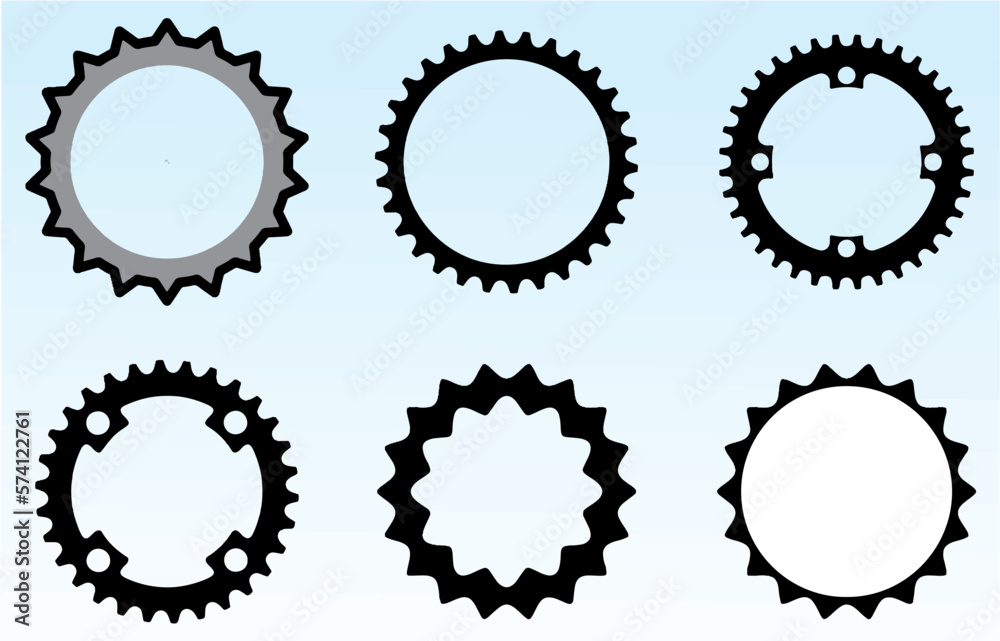Vector set of realistic gear and bicycle stars. A profiled wheel with ...