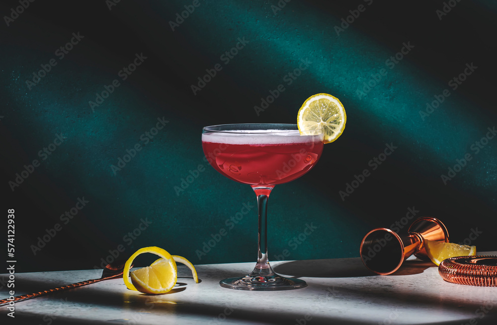 Pink lady alcoholic cocktail drink with gin, grenadine syrup, lemon ...