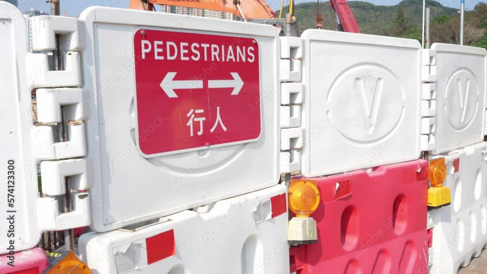 Red Pedestrians Signage On Barrier At Construction Works Site At Tseung ...
