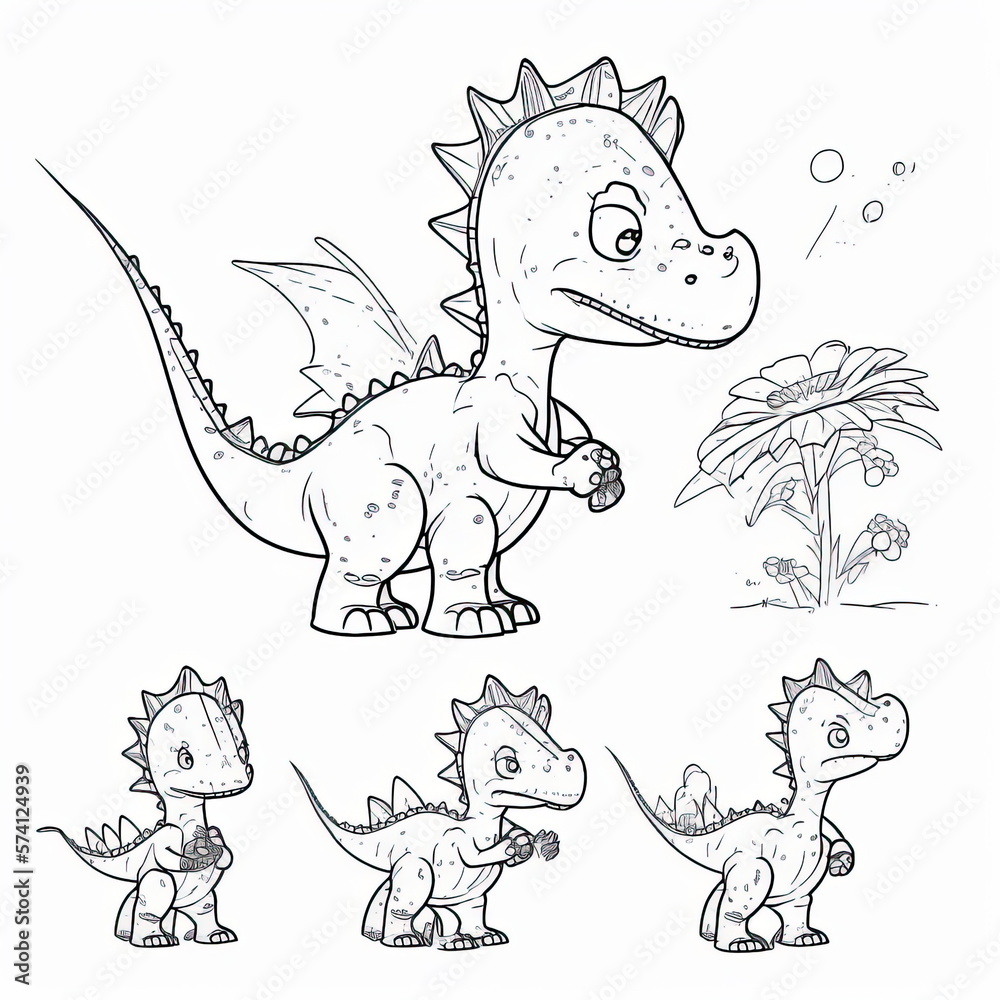 one line drawing of Dinosaurs cartoon, white background, Made by AI ...
