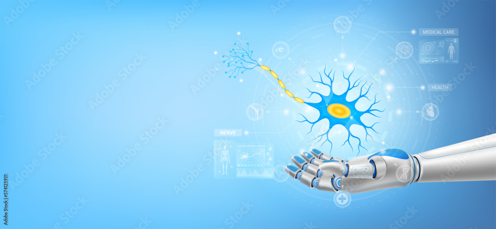 Neural net structure float away from in robot hand. Futuristic medical ...